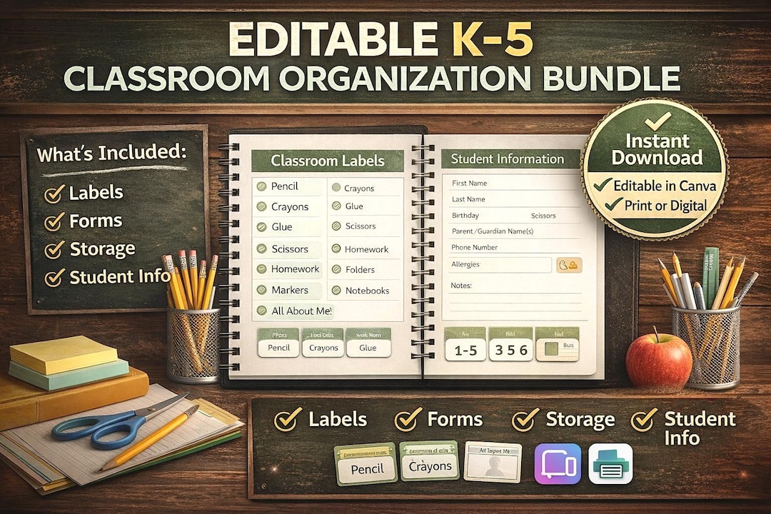 Editable K-5 Classroom Organization Bundle | Canva Templates (digital ...