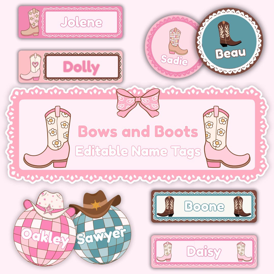 Bows and Boots- Classroom Name Tags| Western Disco Cowgirl Theme| Cubby ...