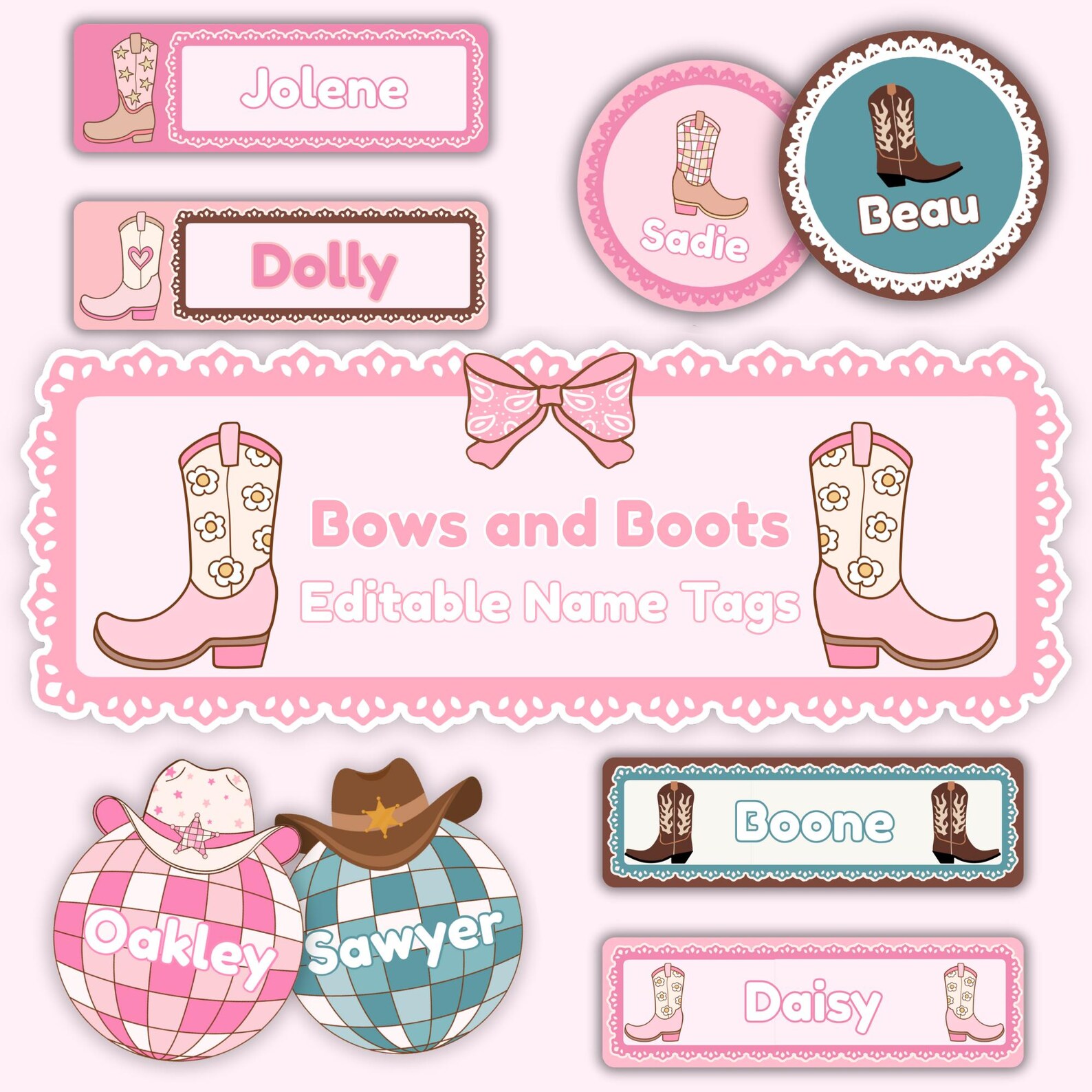 Western Disco Classroom Name Tags: Cowgirl Theme, Teal & Blush (canva ...