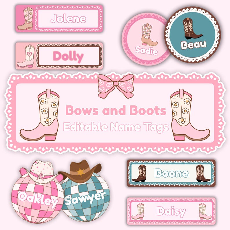 Western Disco Classroom Name Tags: Cowgirl Theme, Teal & Blush (canva ...