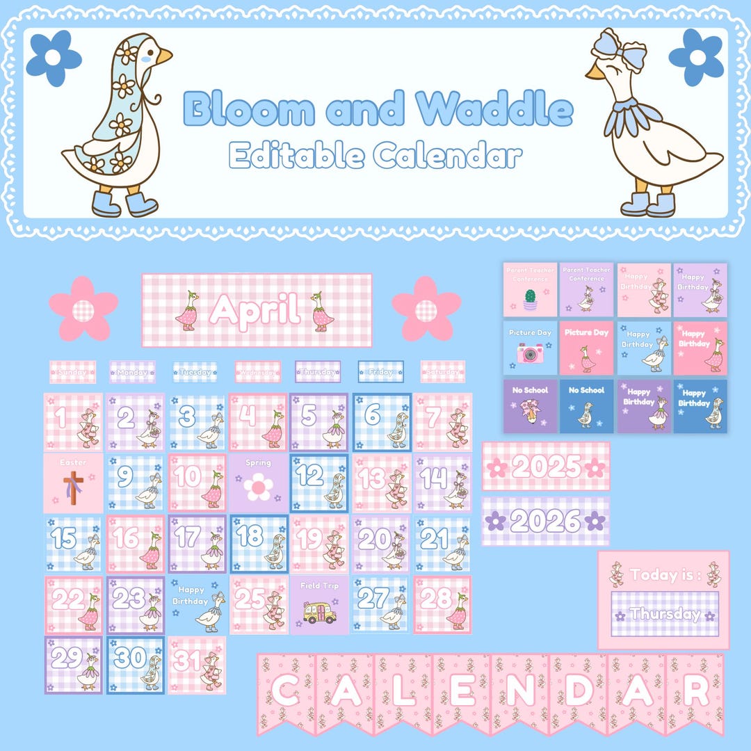 Bloom and Waddle Classroom Calendar | Pastel Gingham Silly Goose Theme ...