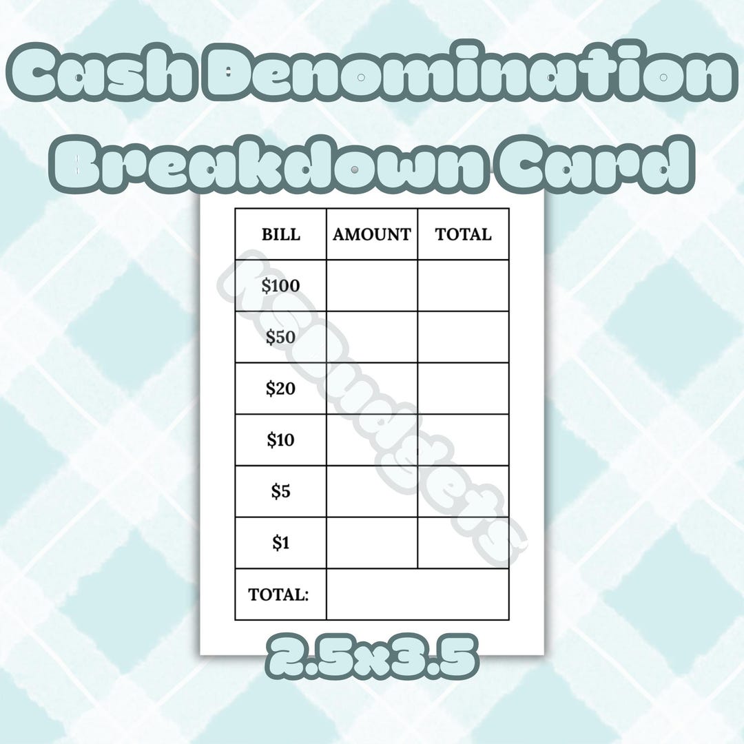 Cash Denomination Breakdown Card Printable – A6 Budget Binder Insert ...