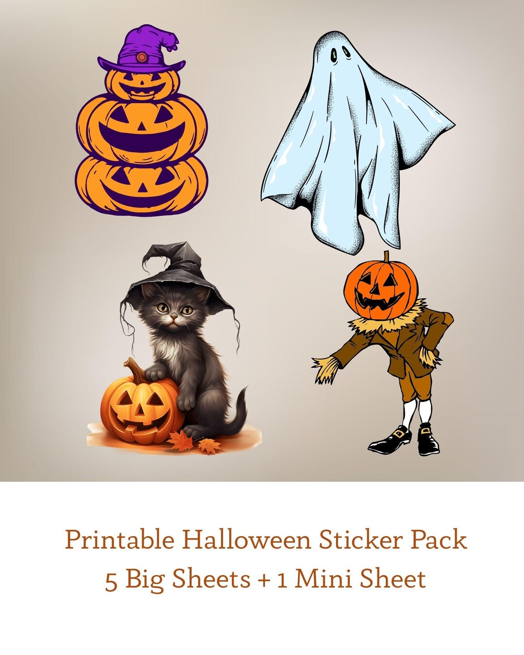 Printable Halloween Sticker Pack – 5 Big Sheets + 1 Mini Sheet, Cute ...
