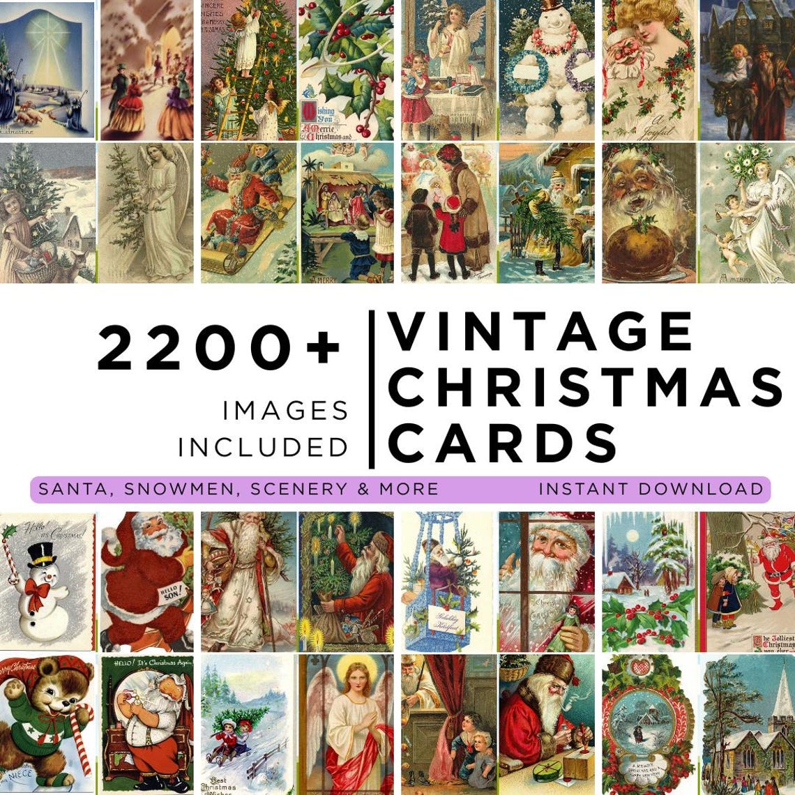Vintage Christmas Card Illustrations, Printable Holiday Art Bundle ...