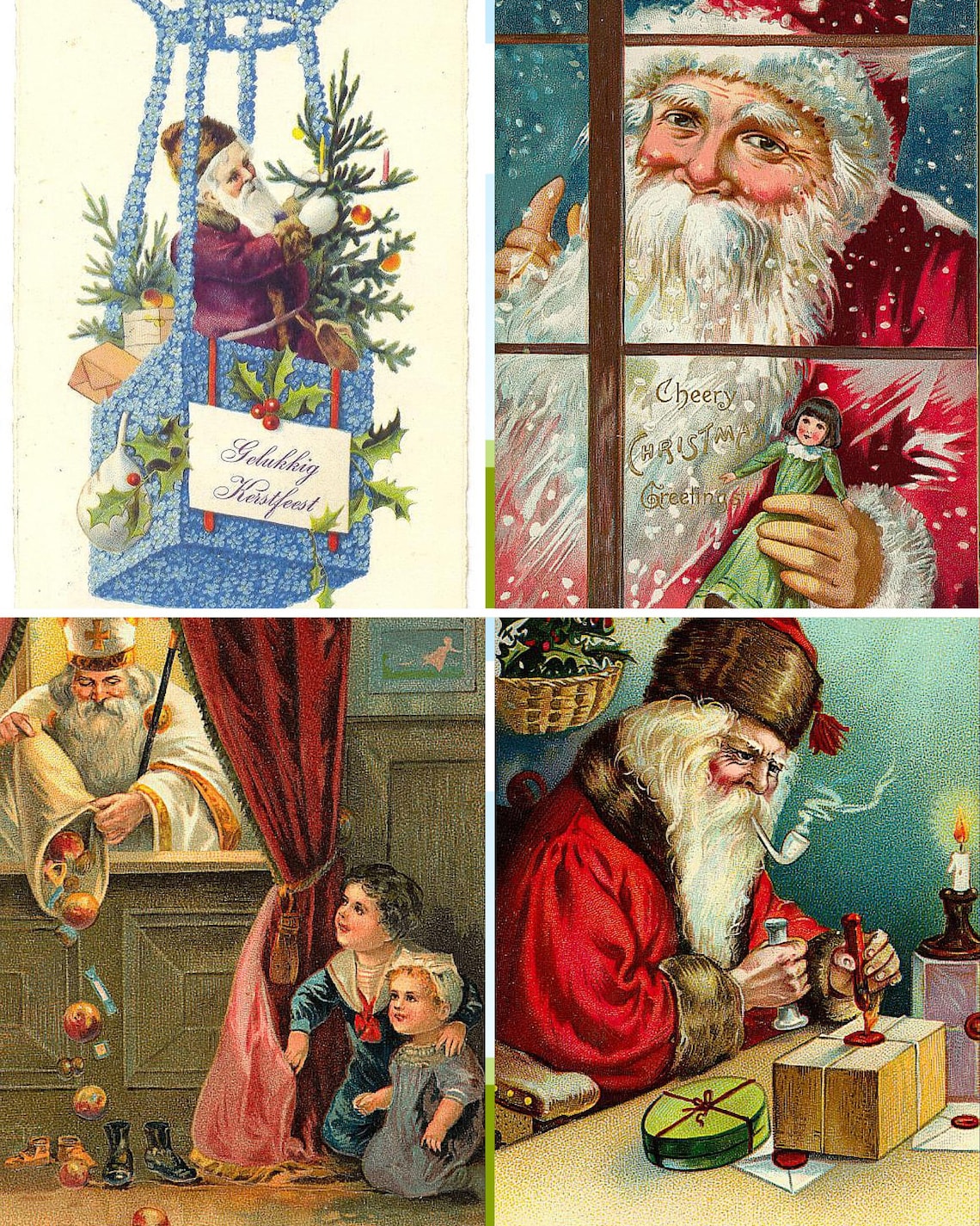 Vintage Christmas Card Illustrations, Printable Holiday Art Bundle ...