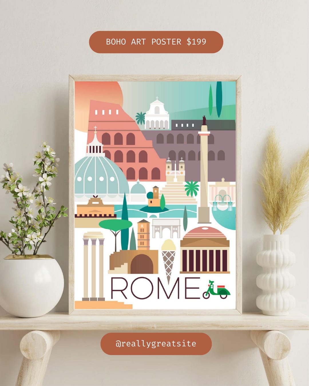 Rome Travel Poster, Retro Italian Architecture, Colosseum, Gelato ...