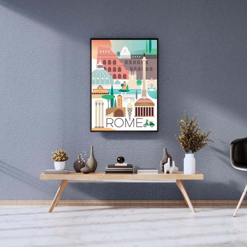 Rome Travel Poster, Retro Italian Architecture, Colosseum, Gelato ...