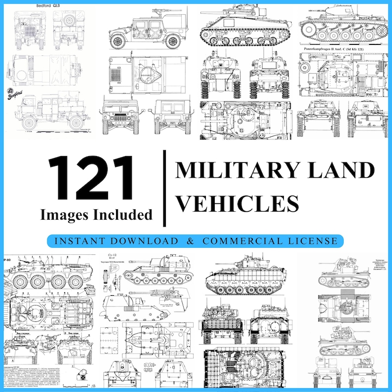 Armored Fighting Vehicle Line Drawings Bundle, WWII Tank Blueprints ...