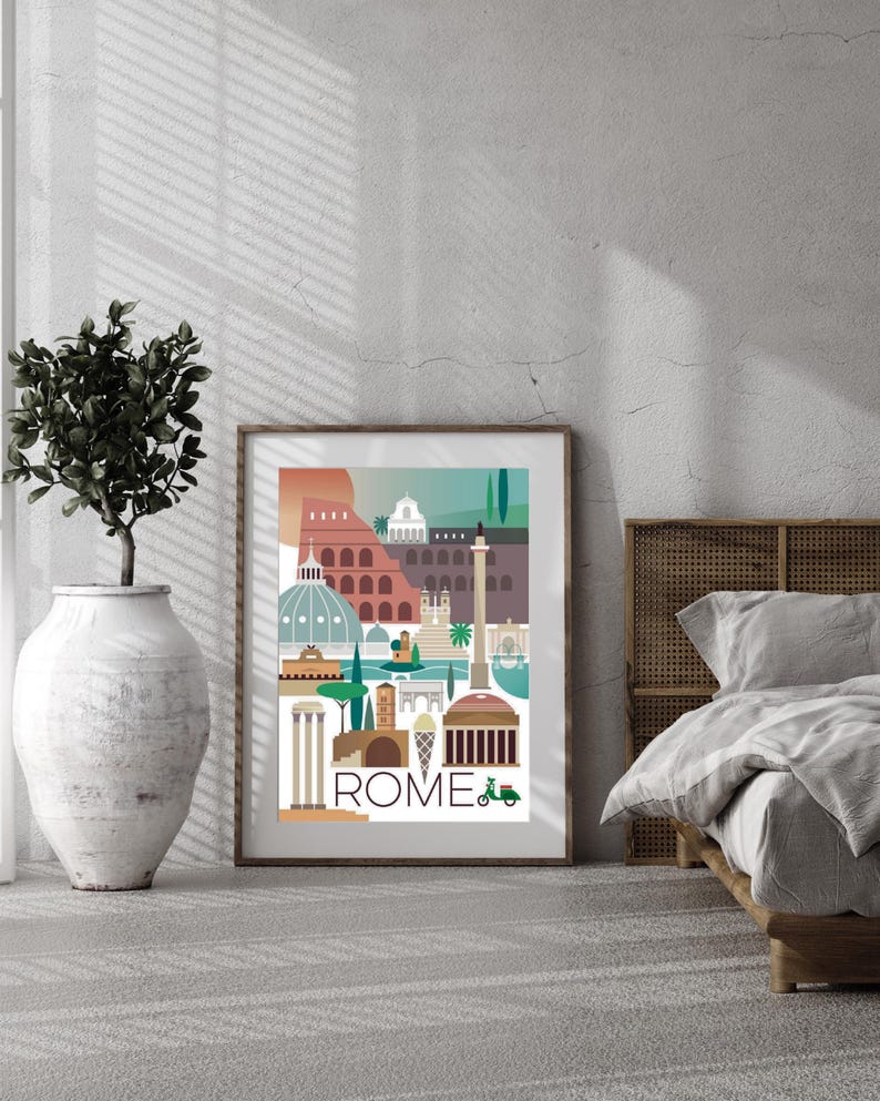 Rome Travel Poster, Retro Italian Architecture, Colosseum, Gelato ...