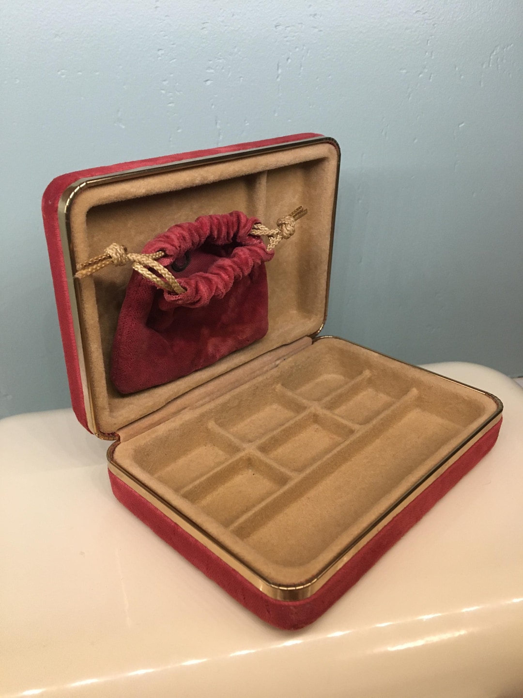 Red Velvet and Brass Travel Clamshell Jewelry Box - Etsy