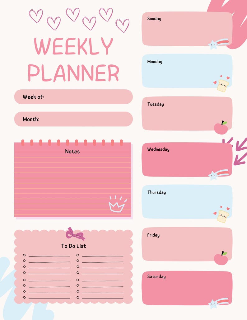 Pretty Pink Weekly Planner Template - Etsy