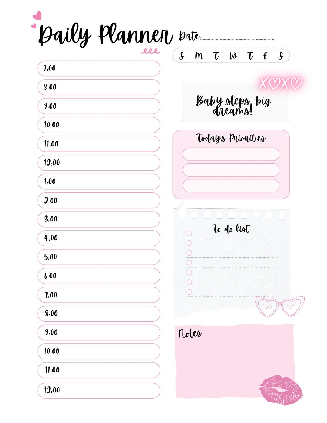 Cute Pink Girly Daily Planner- Printable Hourly Schedule, To-do List ...