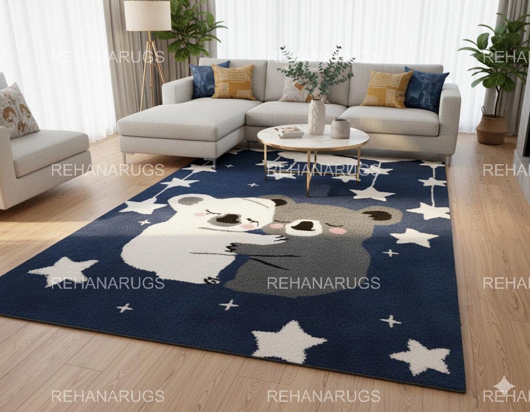 Navy Blue Cuddling Koala Bears Area Rug: Whimsical Starry Night Design ...