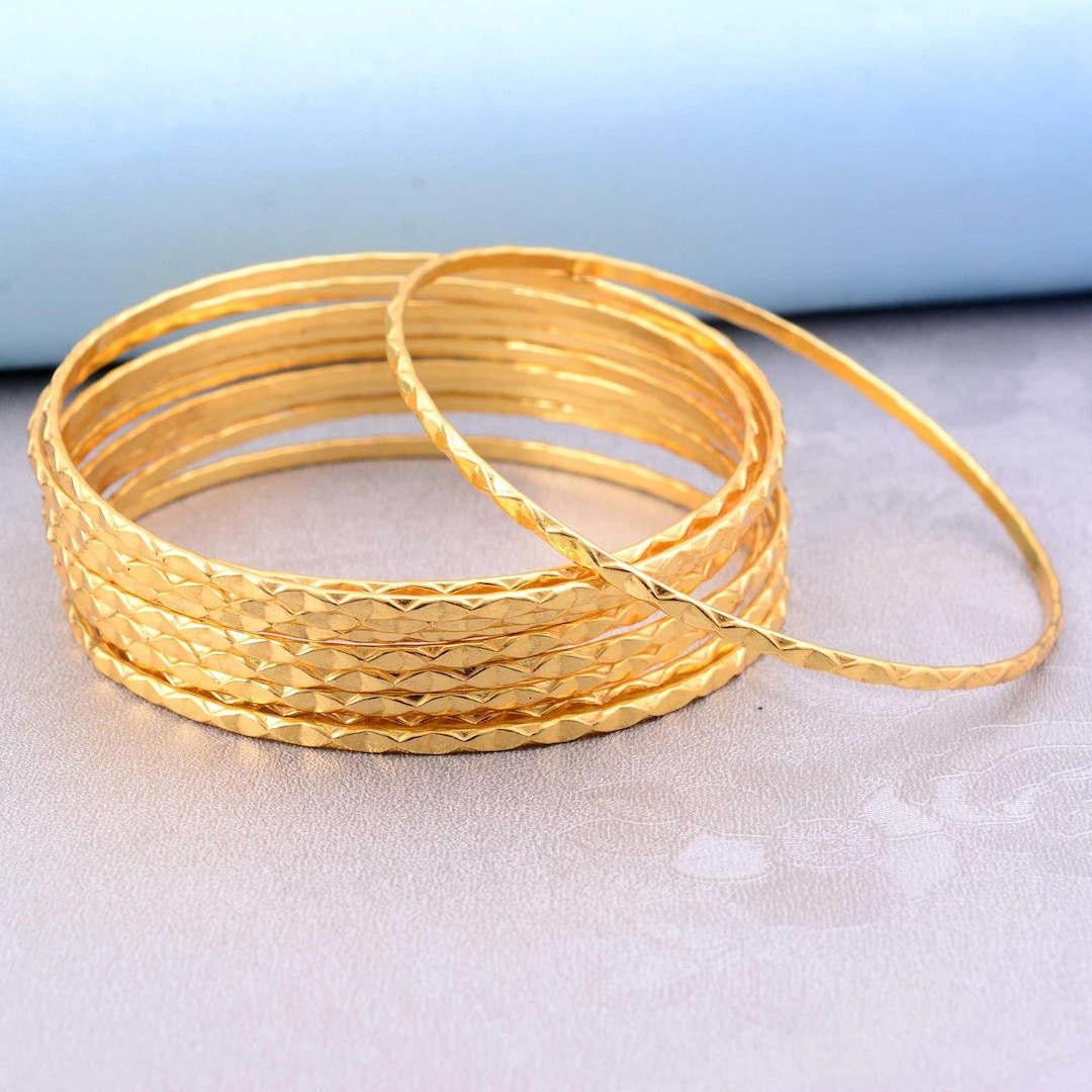 Gold Tone Diamond Cut Bangles Set, Slim Textured Bracelets, Boho ...