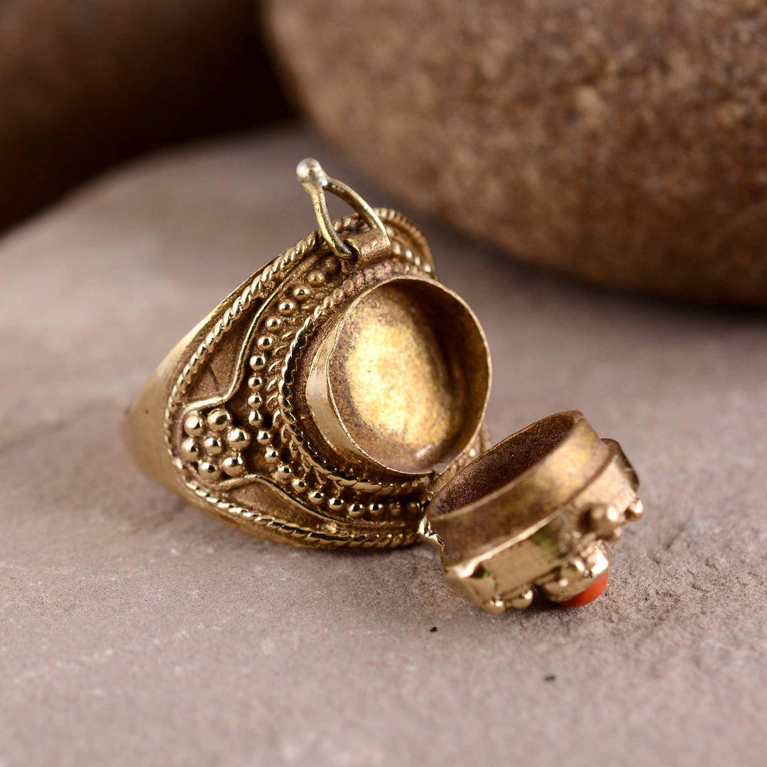 Red Coral Poison Box Ring – Brass Secret Locket Ring – Boho Gothic ...