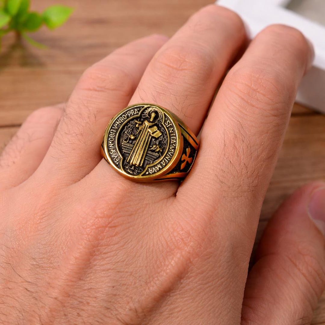 Saint Benedict Signet Ring for Men, Christian Cross Religious Ring ...