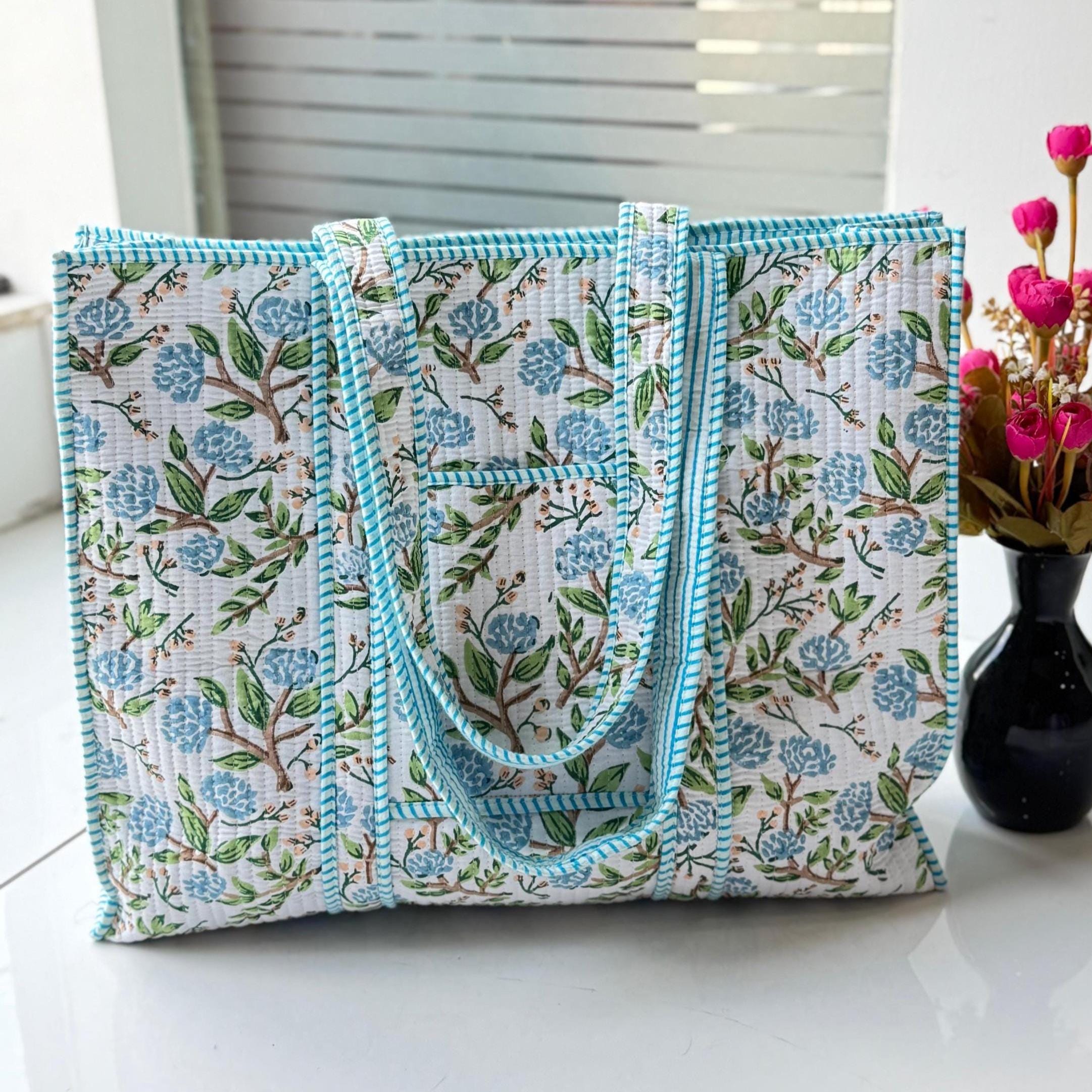 Indian Handmade Tote Bag, Block Print Cotton Quilted Shoulder Bag ...