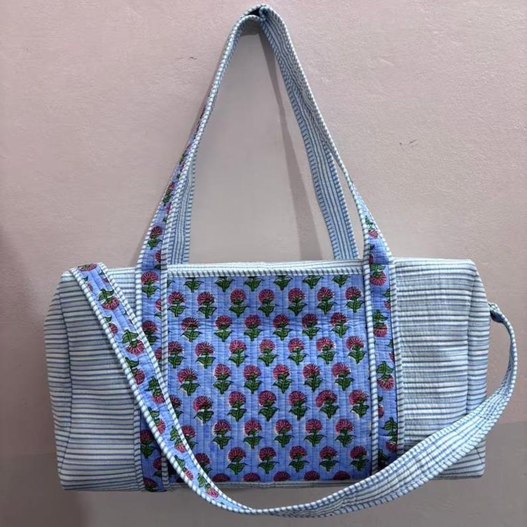 Floral Quilted Duffle Bag, Handmade Block Print Cotton Travel Bag ...