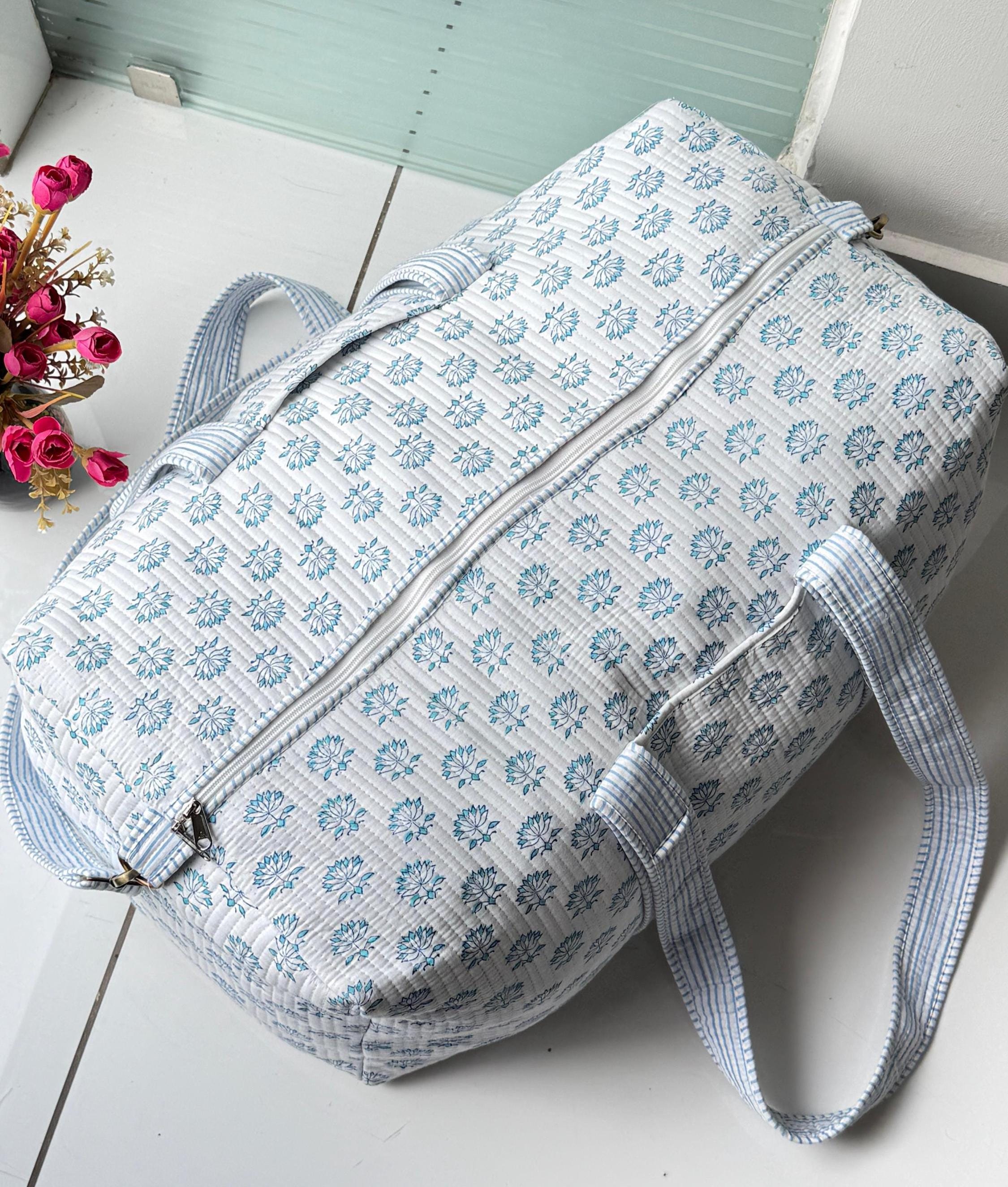 Floral Quilted Cotton Duffle Bag Handmade Quilted Duffle Bag | Block ...