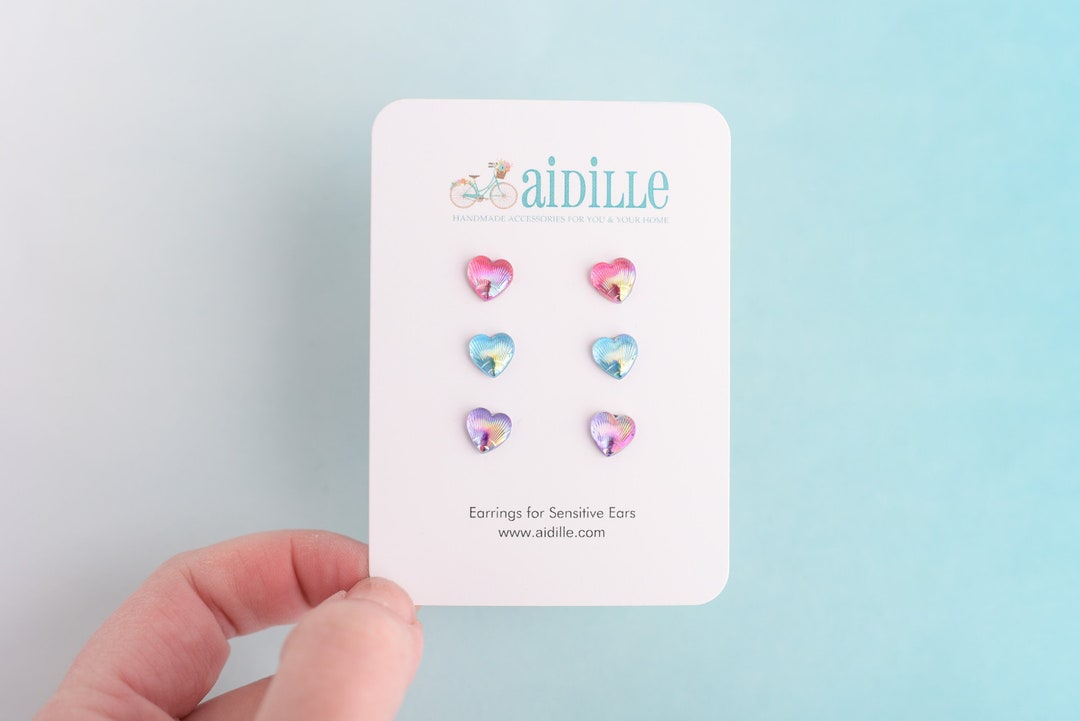 Shimmer Mini Heart Earring Trio, Pink Purple and Blue 8mm Shell Titanium Studs for Sensitive ...