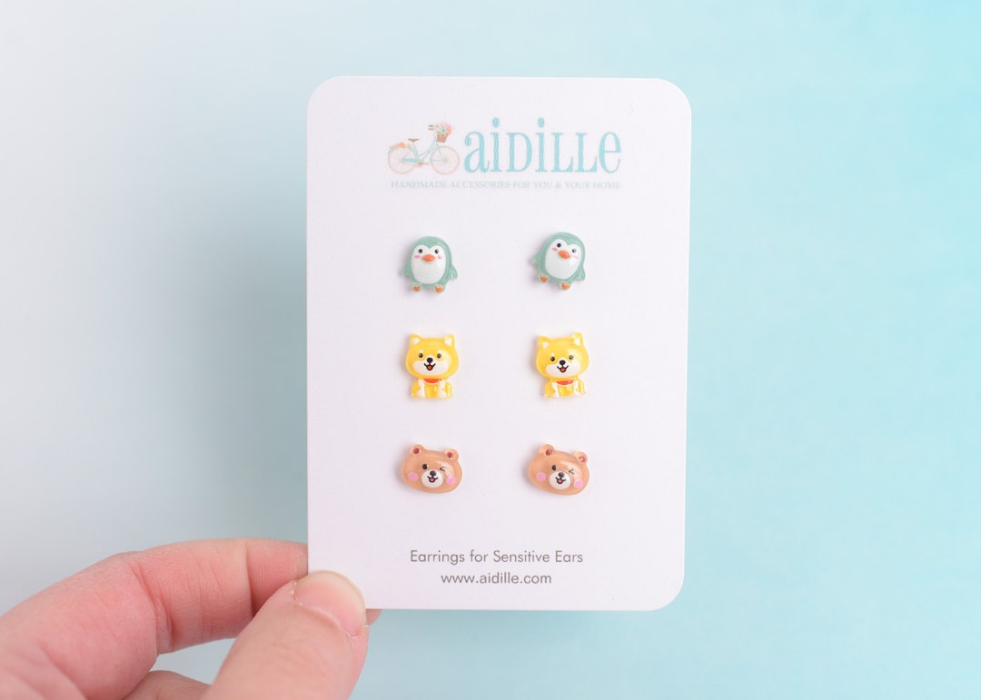 Mini Animal Earrings Trio: Resin Penguin, Bear, Corgi - Titanium Studs ...