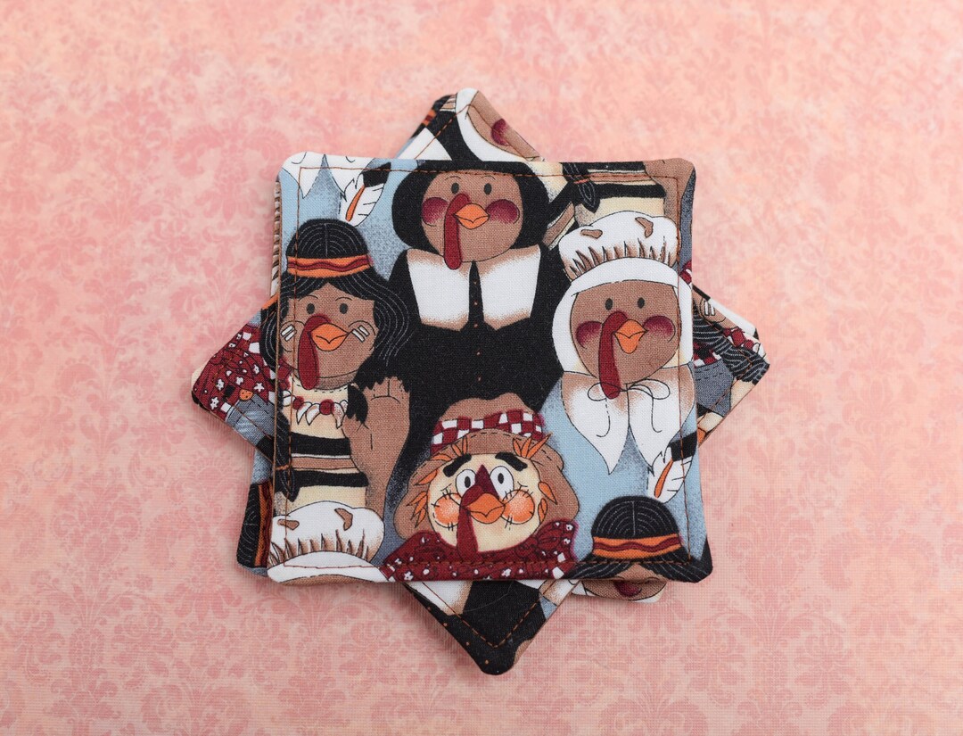 Thanksgiving Turkey Fabric Coasters, Set of 4 Pilgrim and Indians ...