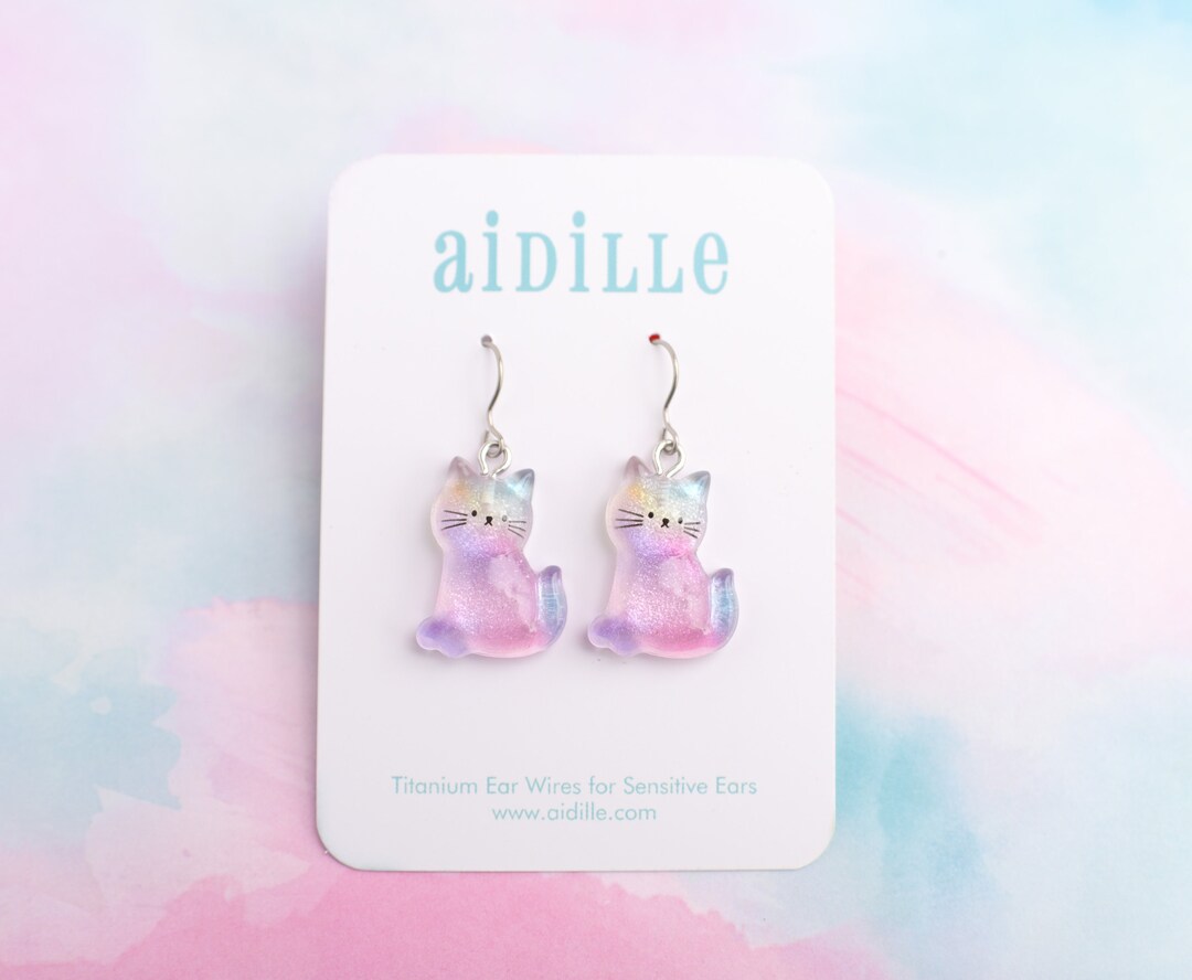 Shimmer Pastel Rainbow Cat Dangles With Titanium Ear Wires for ...