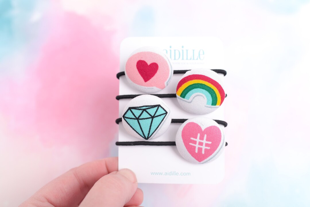 Sticker Fabric Button Hair Elastic Set of 4, Pigtail Holders, Diamond ...