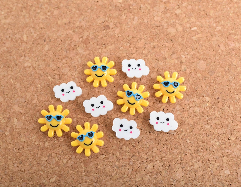 Sunshine Push Pins, Happy Kawaii Clouds and Sun Thumb Tacks, Summer ...