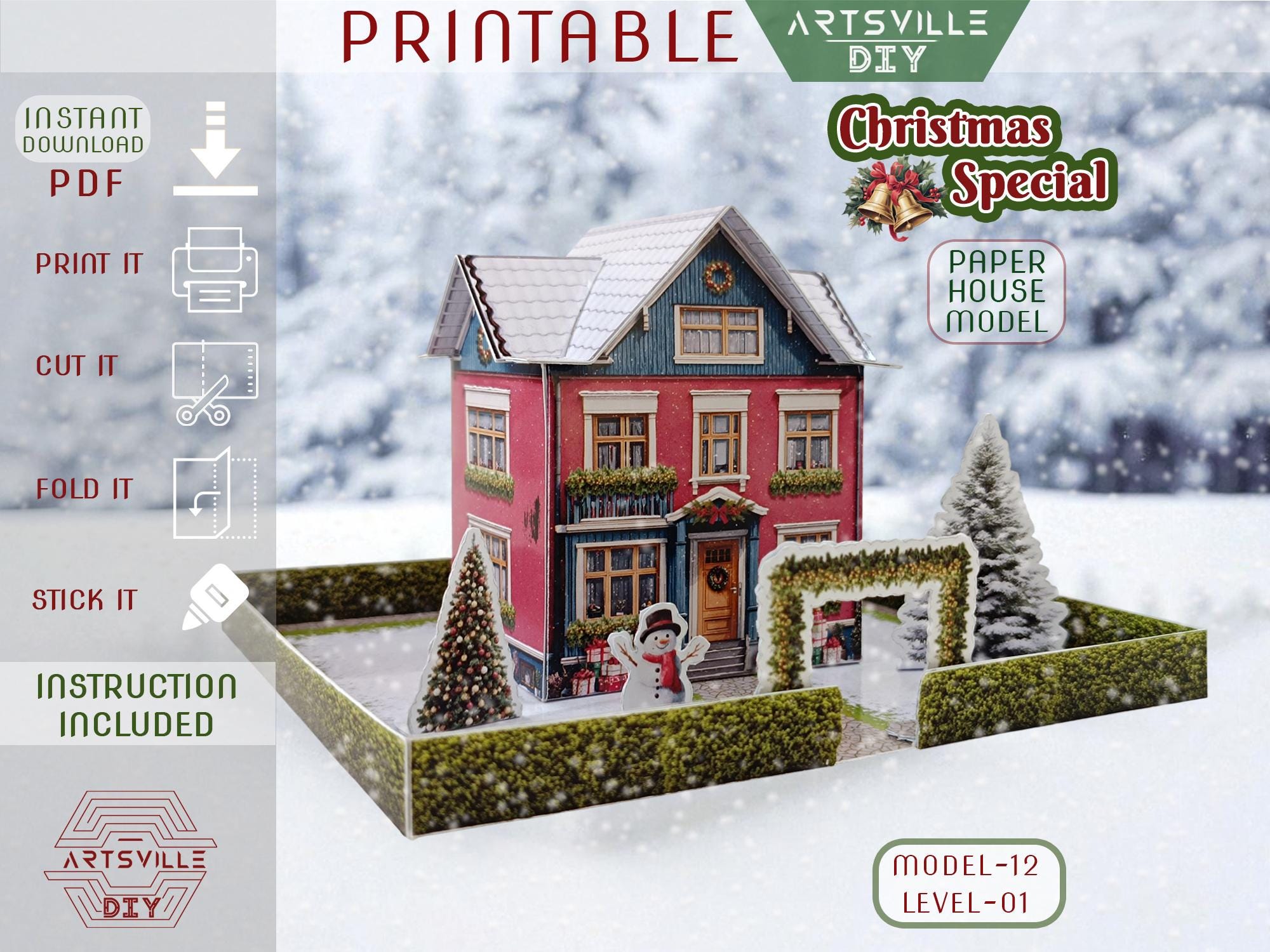 Printable 3D Paper House Template - DIY Miniature Christmas Village ...