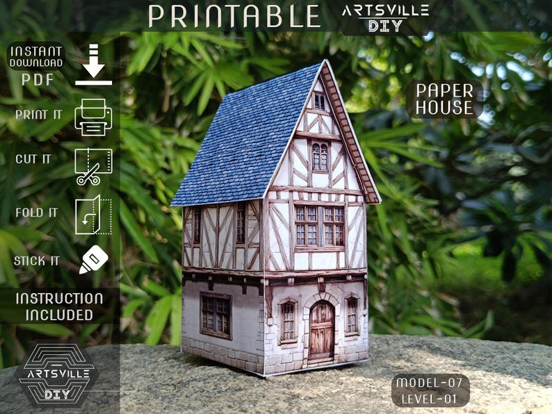 Printable Medieval Cottage Paper Model 3D Paper House Template for Kids ...