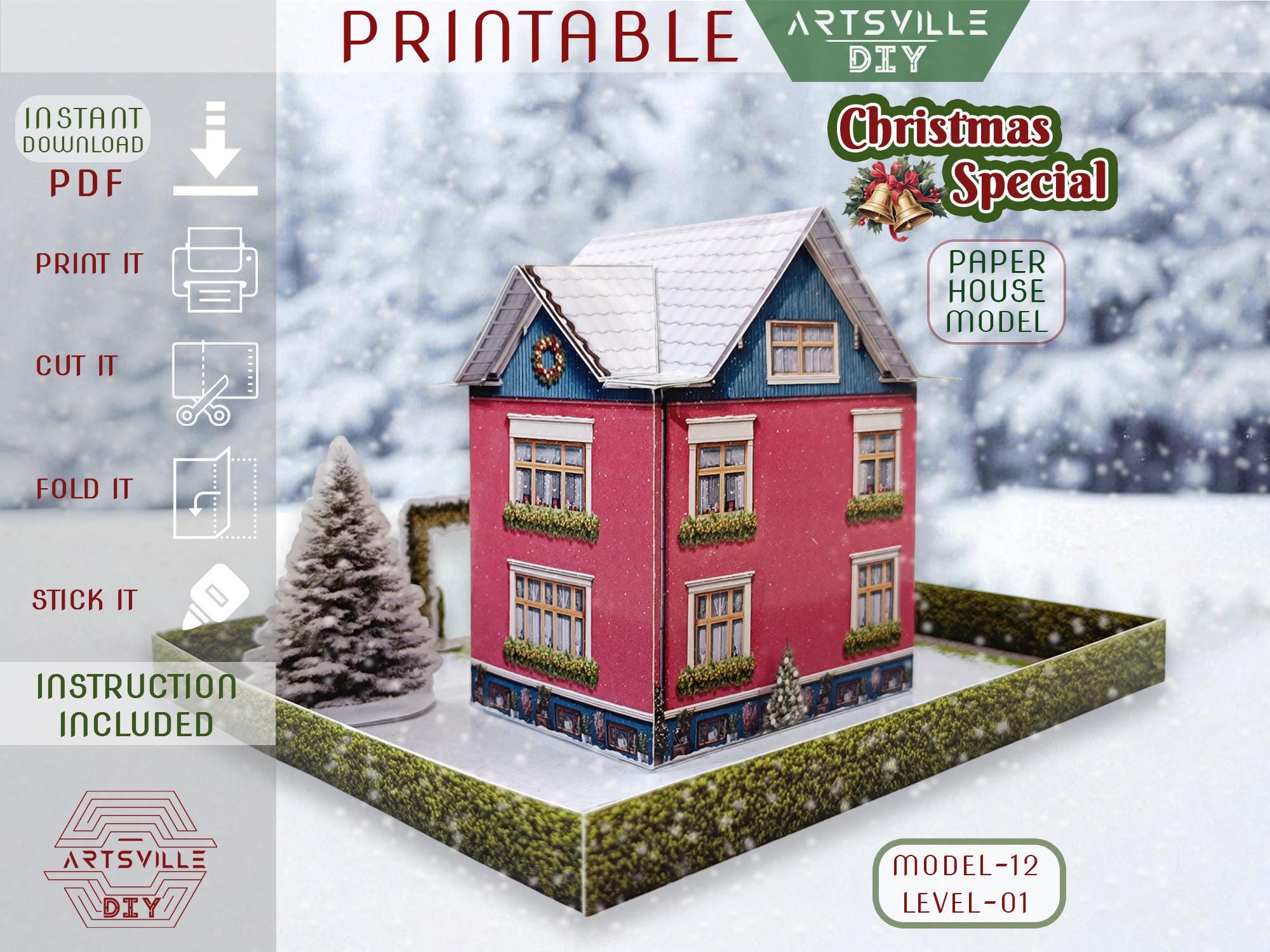 Printable 3D Paper House Template - DIY Miniature Christmas Village ...