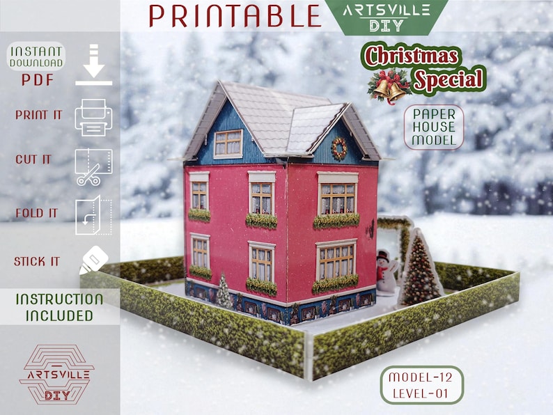 Printable 3D Paper House Template - DIY Miniature Christmas Village ...