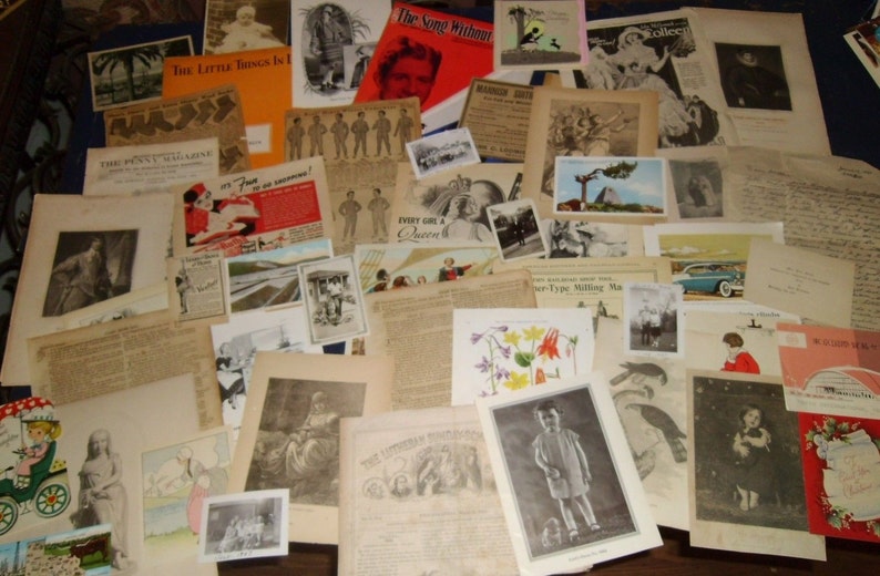 Paper Lot Antique & Vintage 1780-1980s Art Ephemera Ads Collage Mid ...