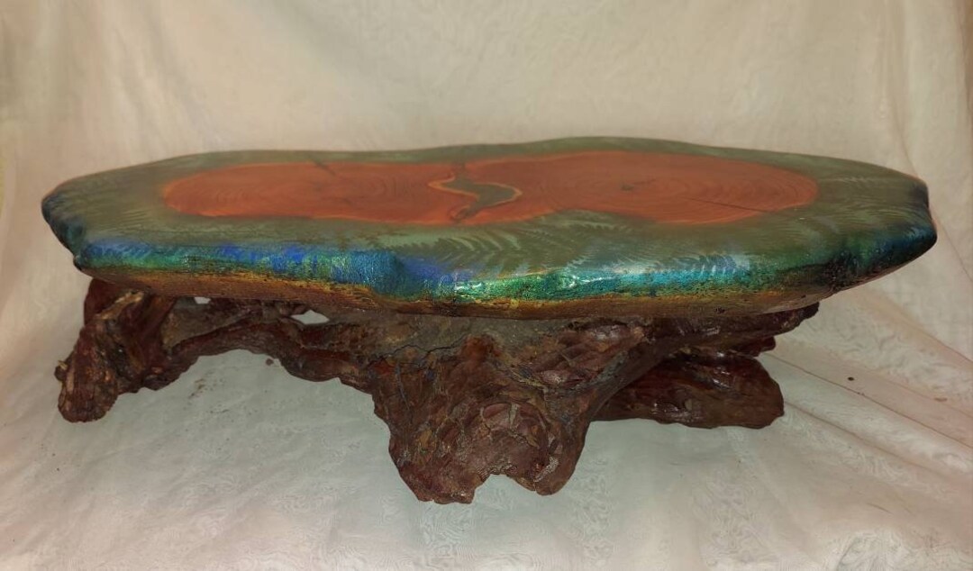 Forest Accent Table Manzanita Red Cedar 27x15x8 Natural Boho Blue Fern Pattern Bonsai Stand Side ...