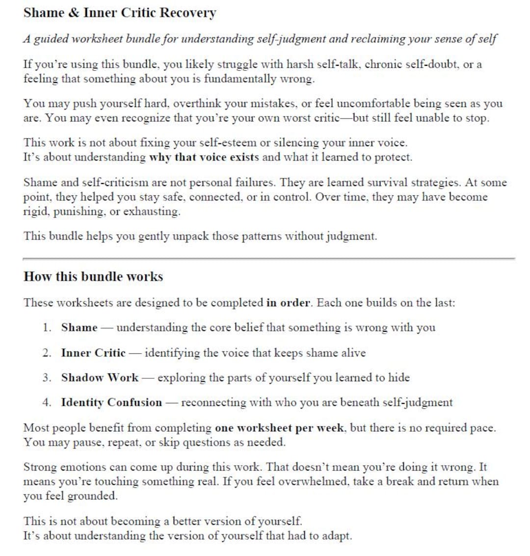 Shame & Inner Critic Recovery | Worksheets for Harsh Self-talk, Self ...
