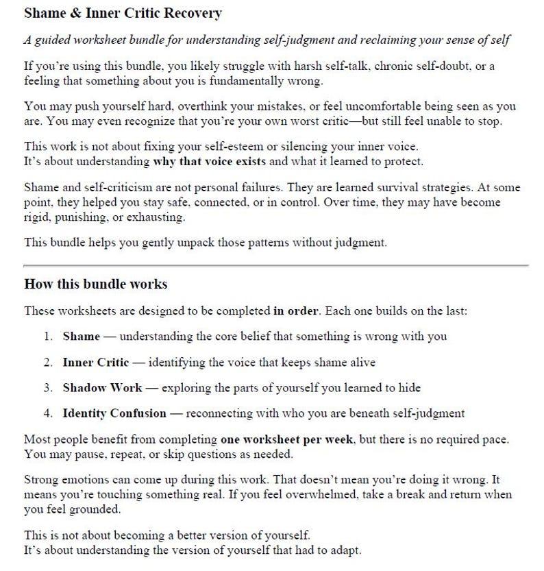 Shame & Inner Critic Recovery | Worksheets for Harsh Self-talk, Self ...