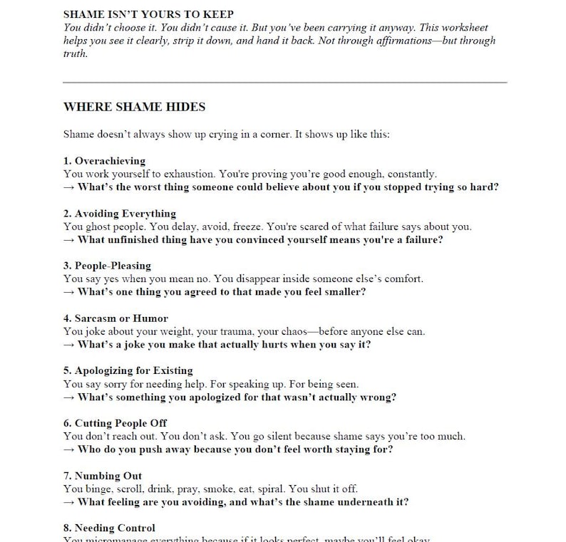 Shame Worksheet – Printable PDF for Therapy or Self-reflection - Etsy
