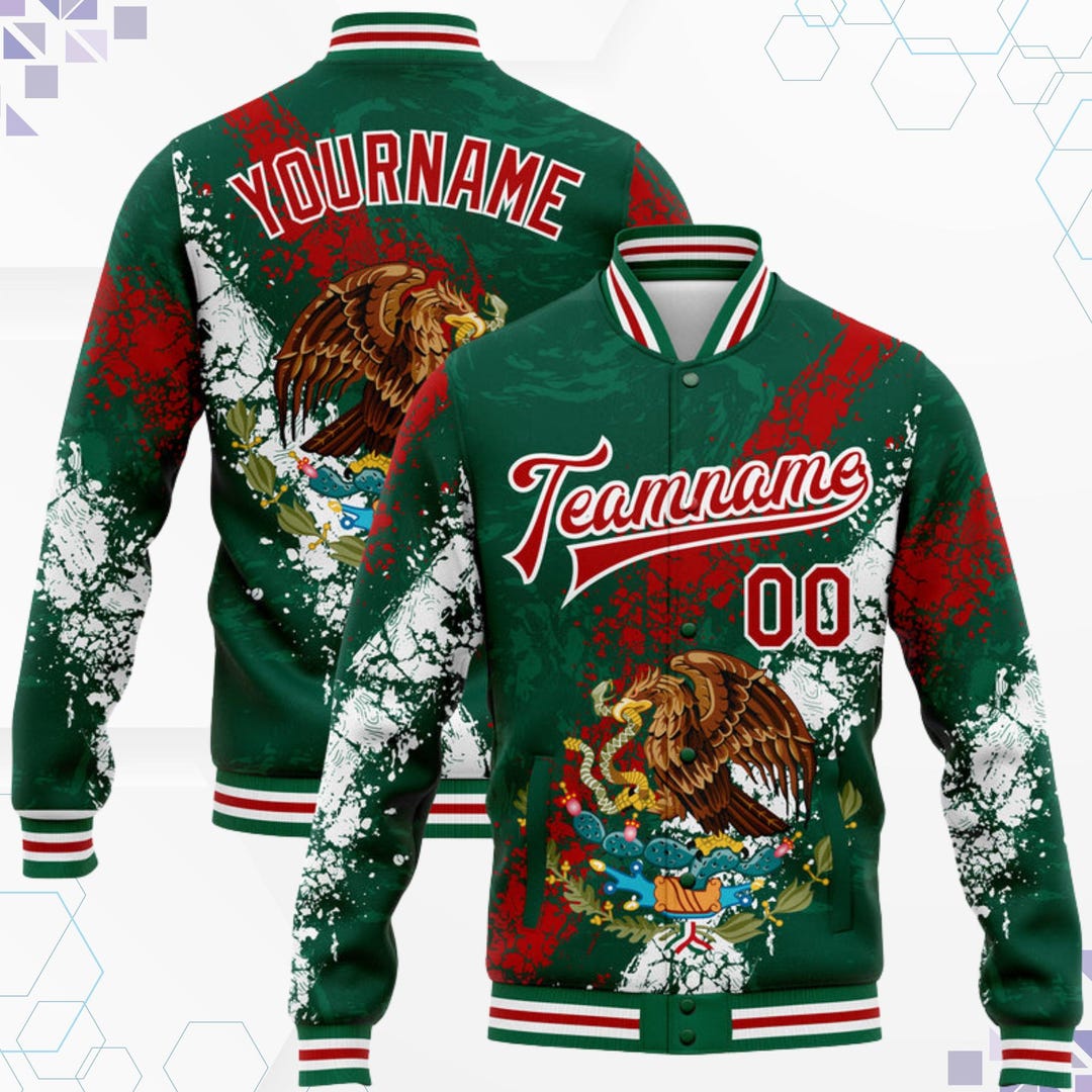 Custom Mexico Flag Varsity Jacket: Grunge Art Bomber - National Emblem ...