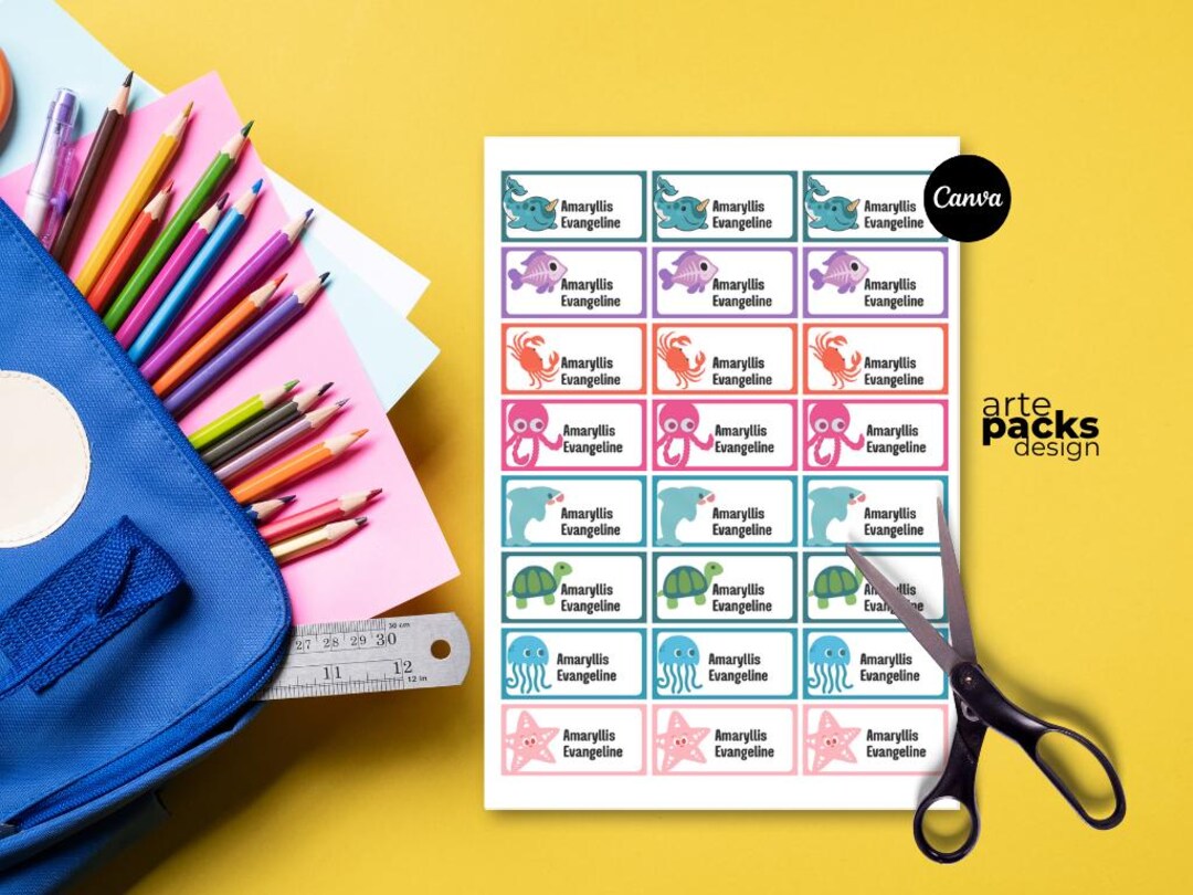 Editable School Name Labels Canva | Sea Animals Theme | Printable ...