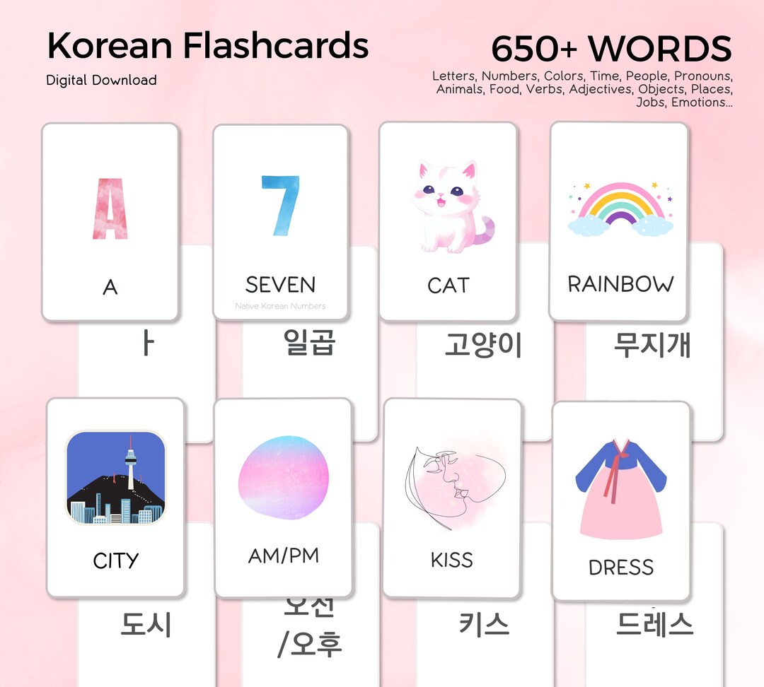 Korean Flashcards for Beginners 650+ Words Learn Korean Hangul Alphabet ...