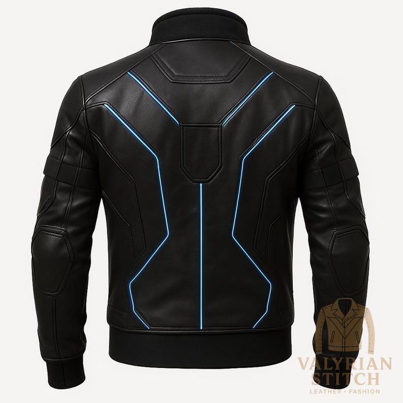 Futuristic Black Leather Cyberpunk Jacket: Led-style Reflector Trim Sci ...