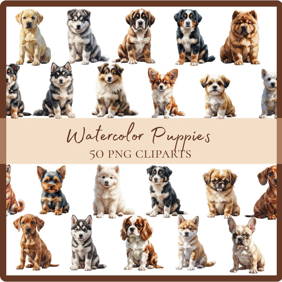 Watercolor Puppies Clipart Bundle • 50 Sitting Dog Illustrations • Cute ...