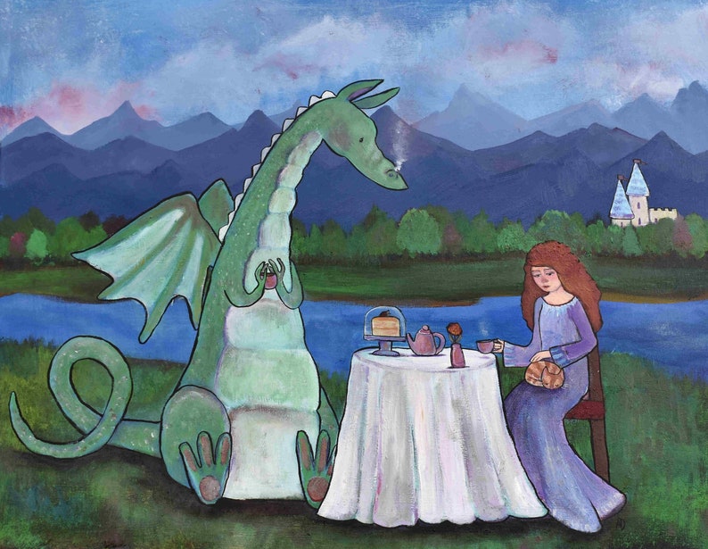 Fairy Tale Tea Party Princess and Dragon Kids Art Print Nursery Decor ...