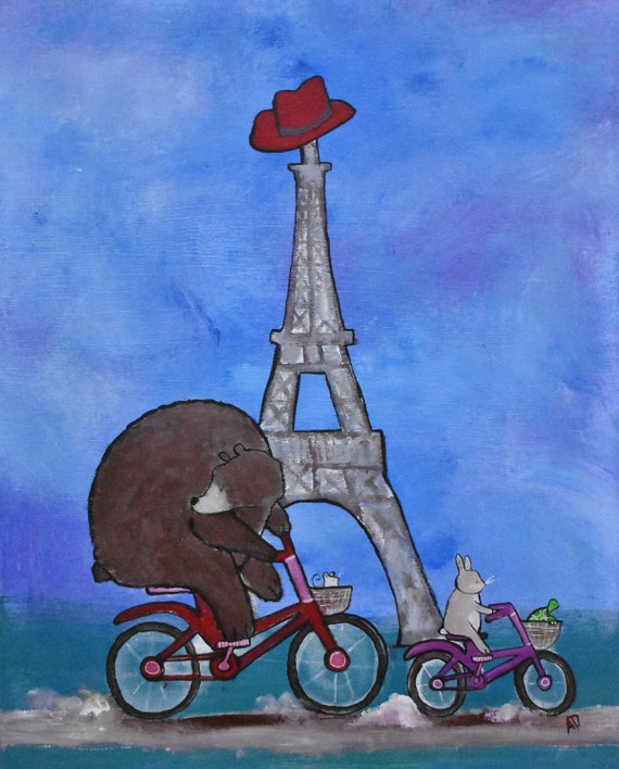 Art Print Bike Riding Bear and Rabbit Paris Texas Red Cowboy | Etsy