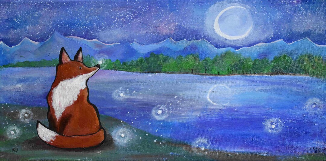 Art Print Fox and Moon Lake Whimsical Storybook Artwork Woodland ...