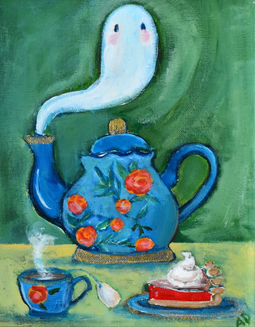 Cute Teapot Ghost Original Painting Whimsical Storybook Kids Wall Art ...