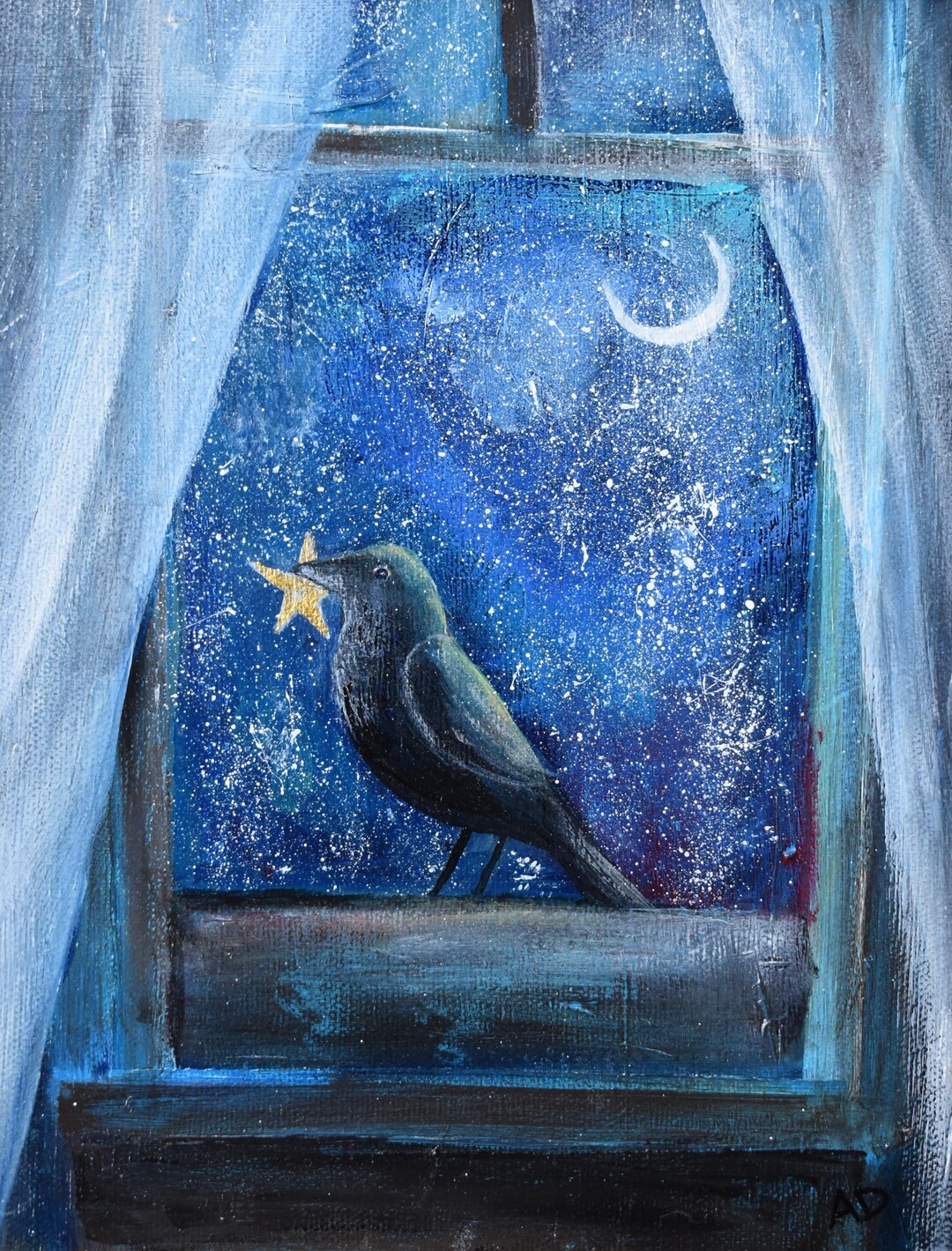 Whimsical Raven Art Print Storybook Artwork Bird and Star - Etsy