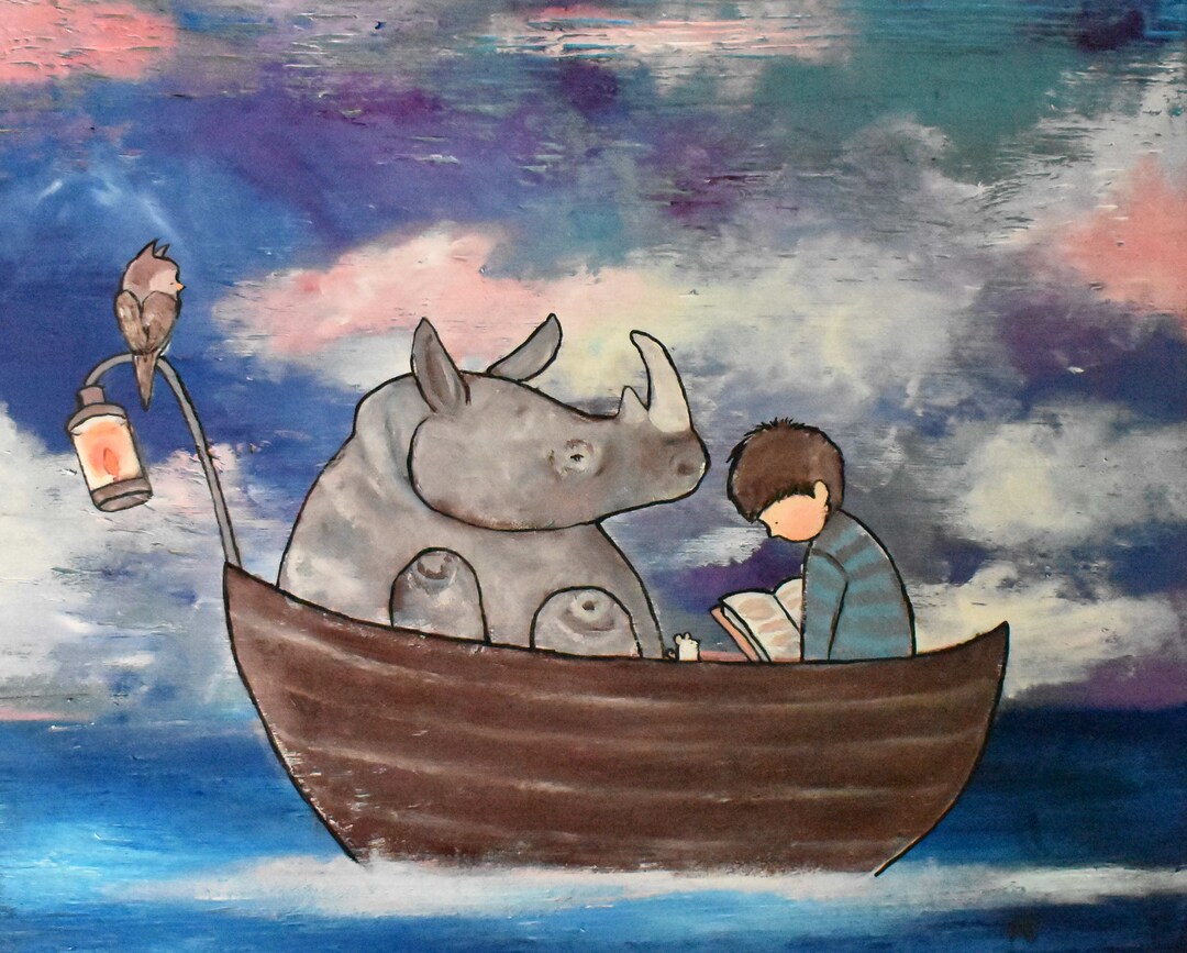 Nursery Wall Art Print Storybook Rhino Boat Owl Whimsical Childrens ...