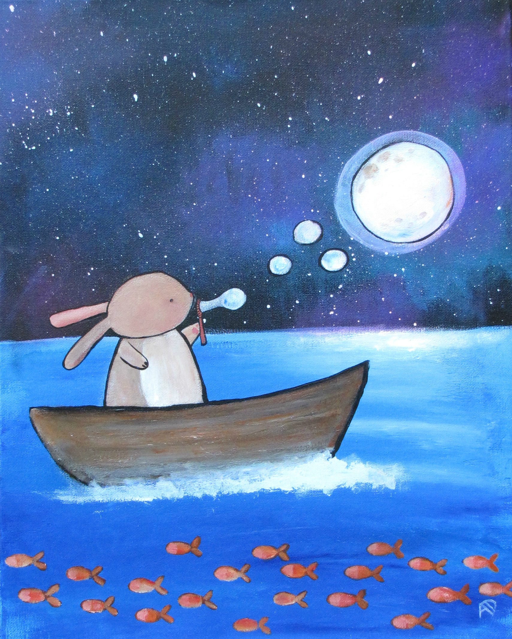 Nursery Wall Art Print Bunny Rabbit Moon Bubble Starry Night Sky ...